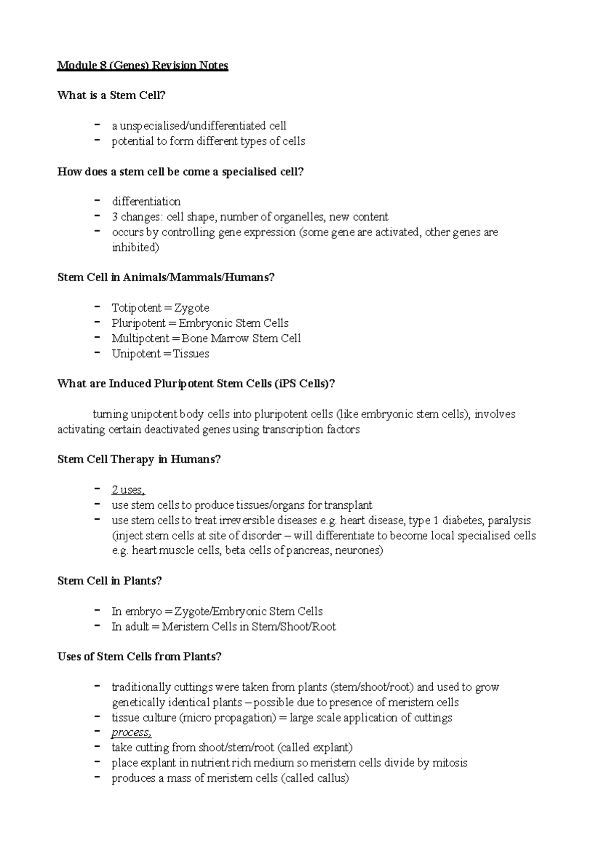AQA Module 8 Revision Notes - Module 8 (Genes) Revision Notes What is a ...