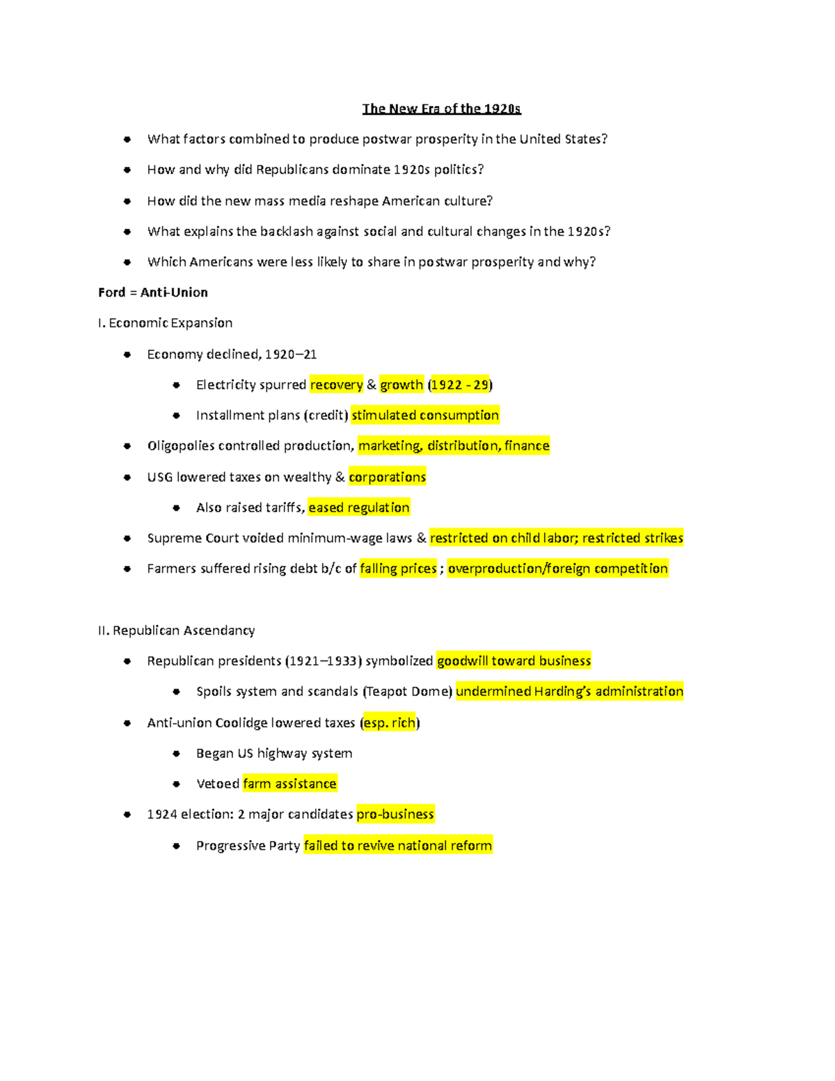 The New Era of the 1920s - Notes We Take In Class. - What factors ...