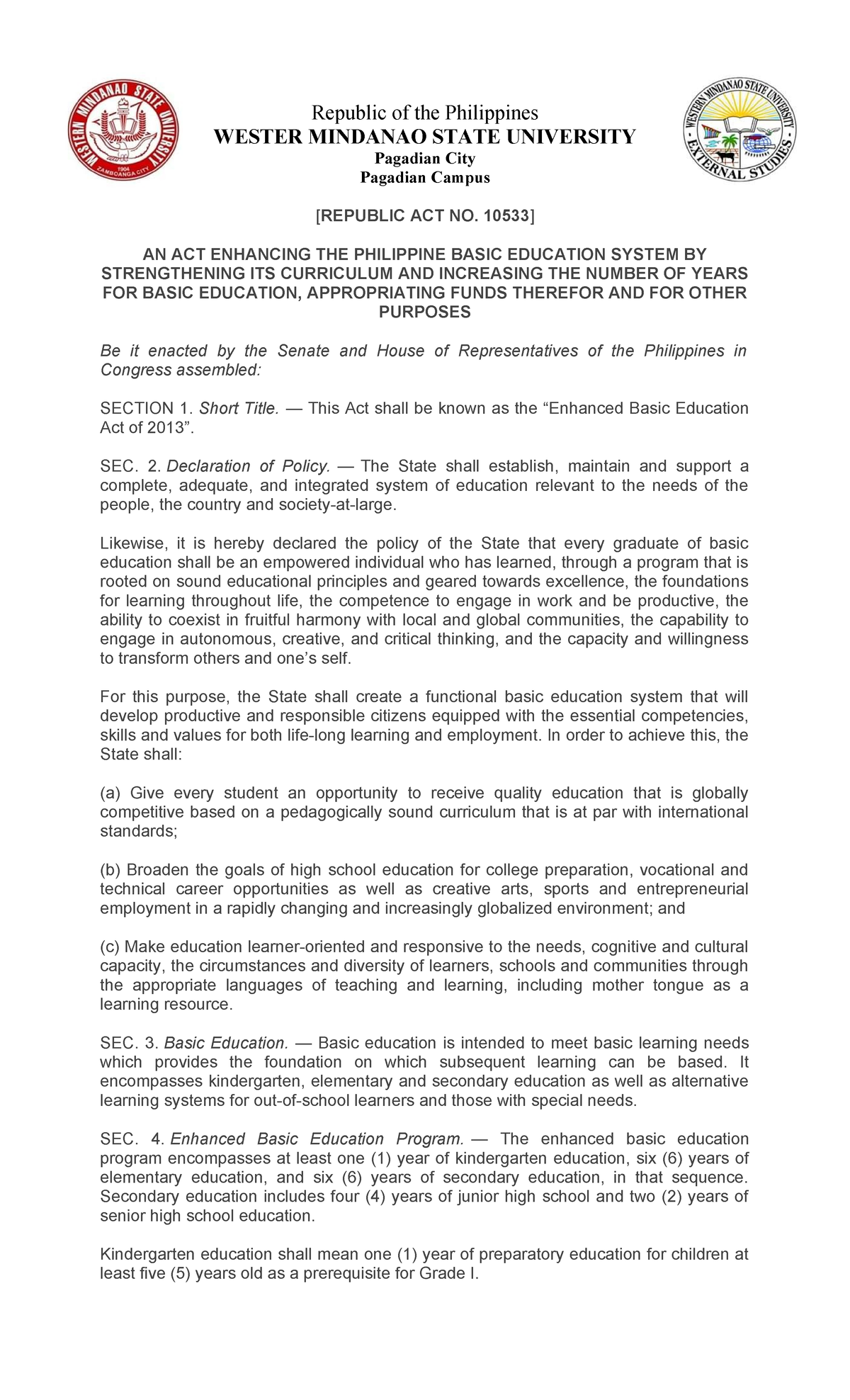 Republic ACT NO. 10533 Enhanced Basic Education ACT OF 2013 - Republic ...