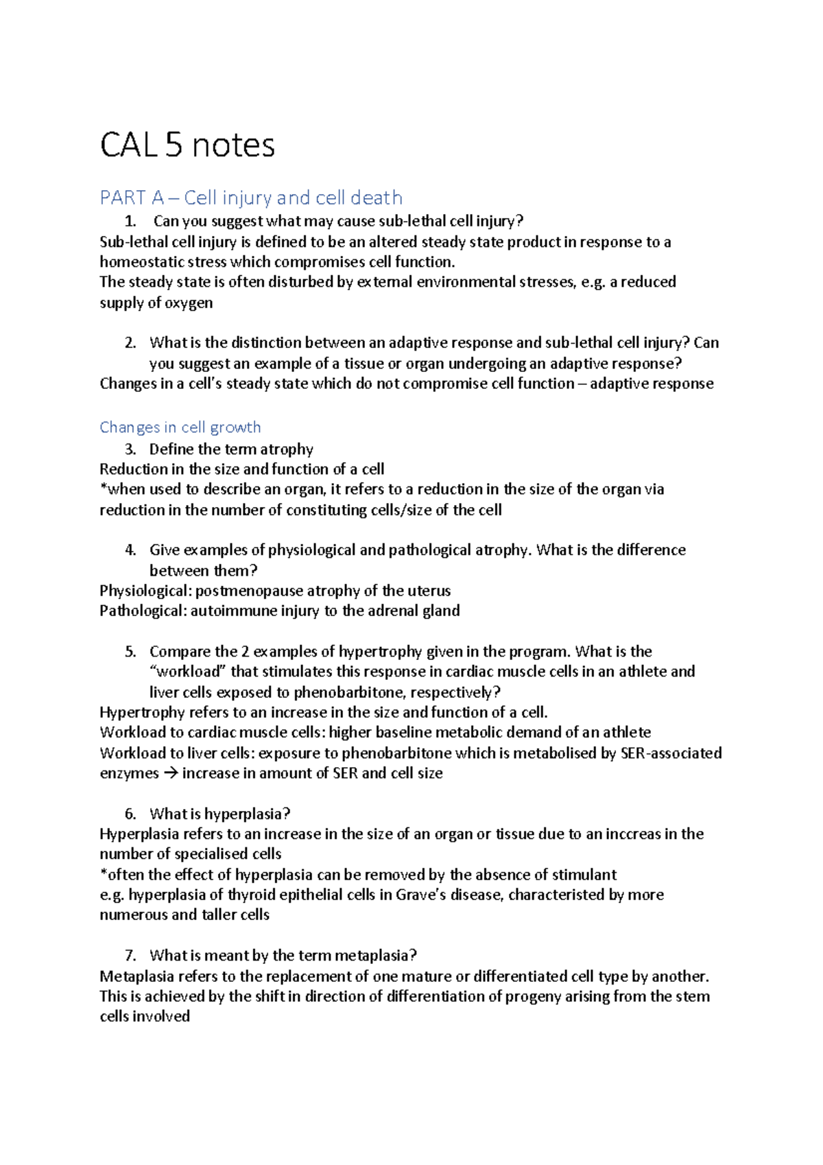 CAL 5 Worksheet - CAL 5 notes PART A – Cell injury and cell death 1 ...