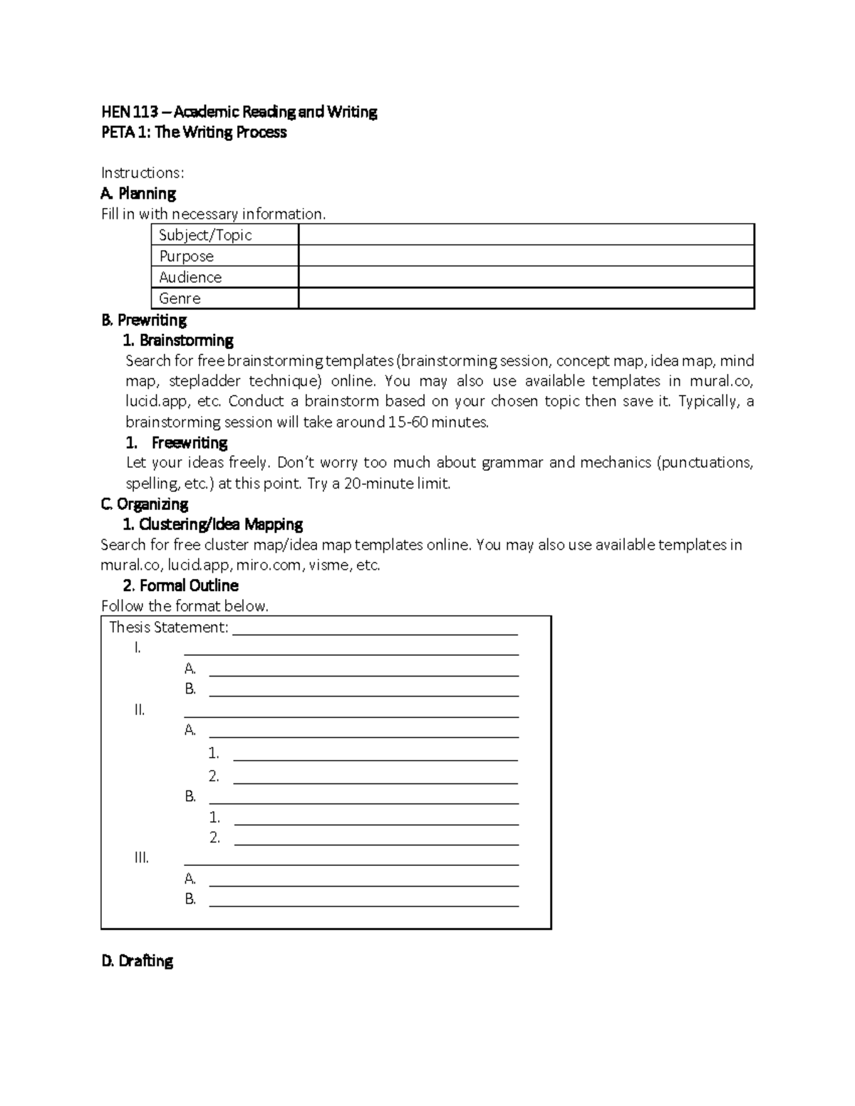 PETA 1 The Writing Process - HEN 113 – Academic Reading and Writing ...
