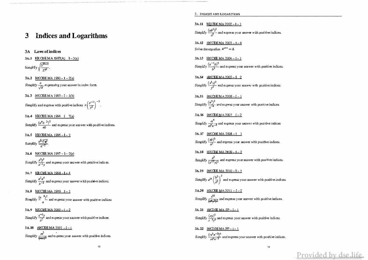 3 - Indices and Logarithms - 3 Indices and Logarithms ####### ĒıðĀǪ ...