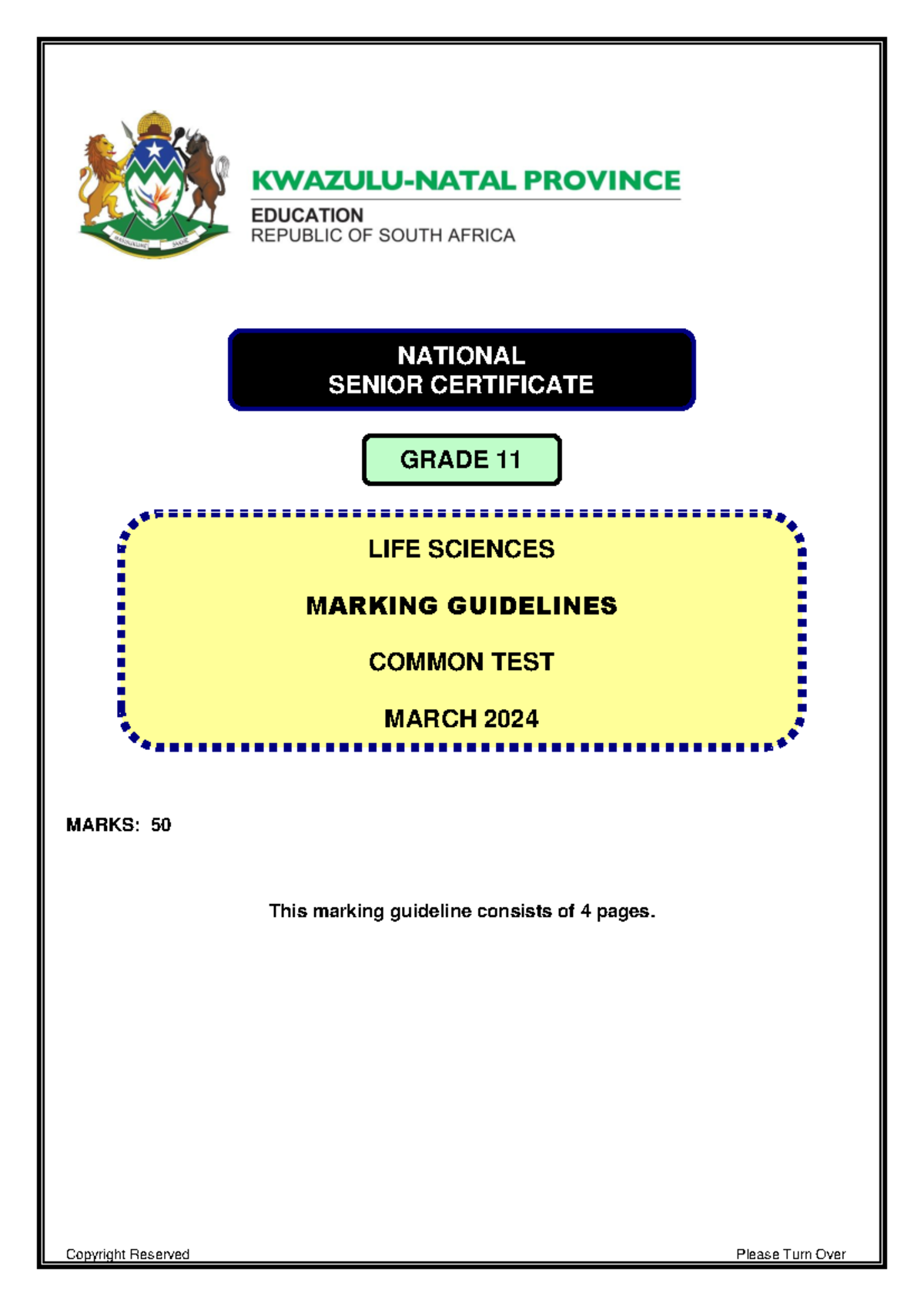 LIFE Sciences March 2024 Grade 11 Marking Guideline - MARKS: 50 This ...
