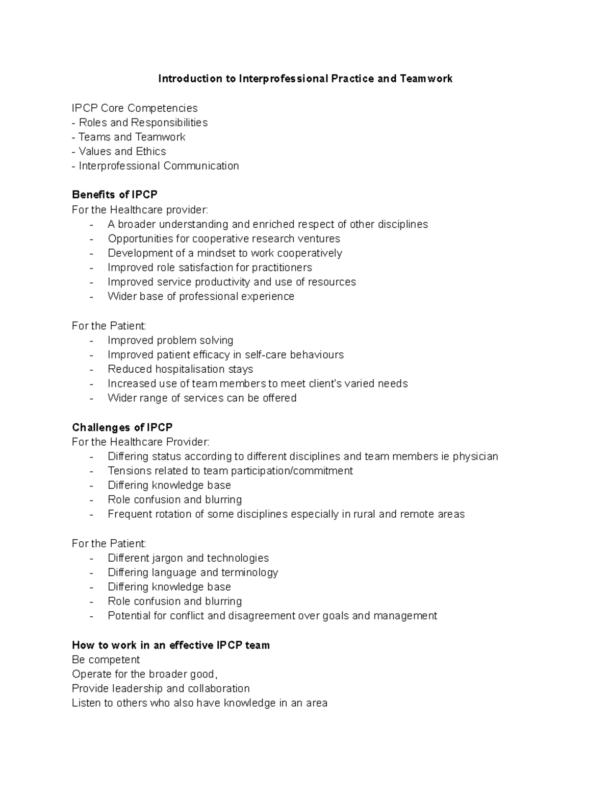 Introduction to Interprofessional Practice and Teamwork - Ways to build an effective IPCP team ...