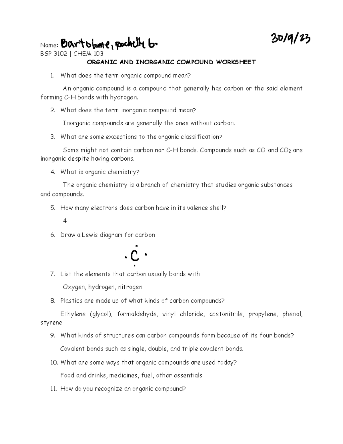 Organic AND Inorganic Compound Worksheet - Name: BSP 3102 | CHEM 103 ...