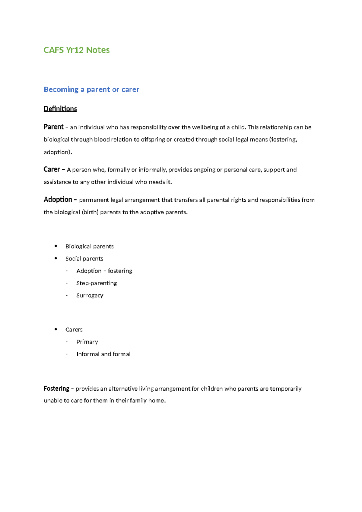 CAFS Yr12 Parenting and Caring Notes - CAFS Yr12 Notes Becoming a ...