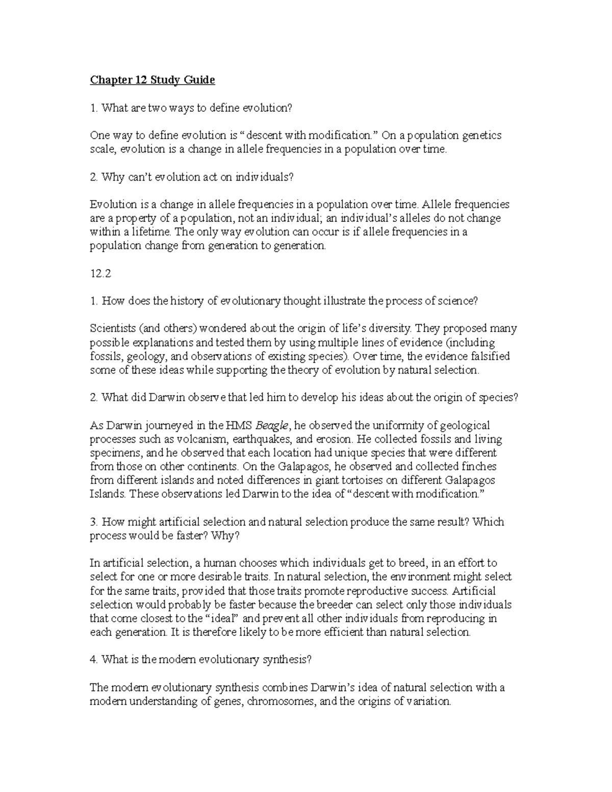 Chapter 12 Study Guide GBIO 107 - Chapter 12 Study Guide What are two ways to define evolution ...