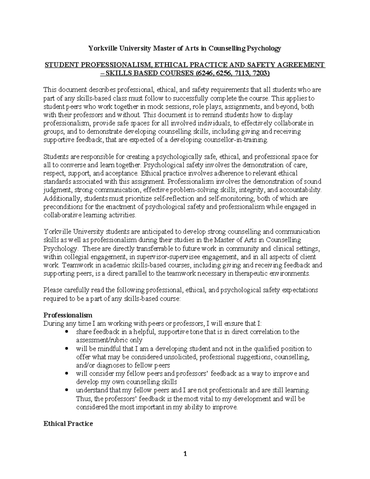 Student Professionalism Ethical Practice and Safety Agreement Skills ...