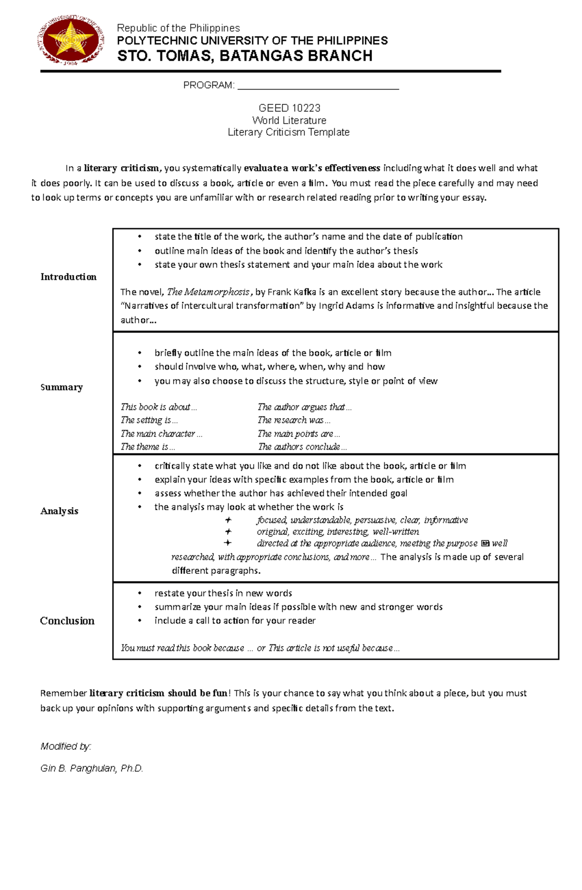 Literary Criticism Template - Republic of the Philippines POLYTECHNIC ...