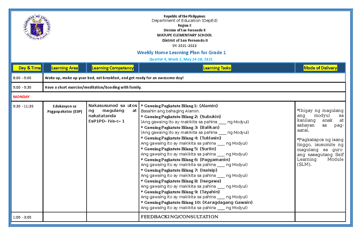 Grade 1 ALL Subjects WHLP Q4 W1 - Weekly Home Learning Plan for Grade 1 ...