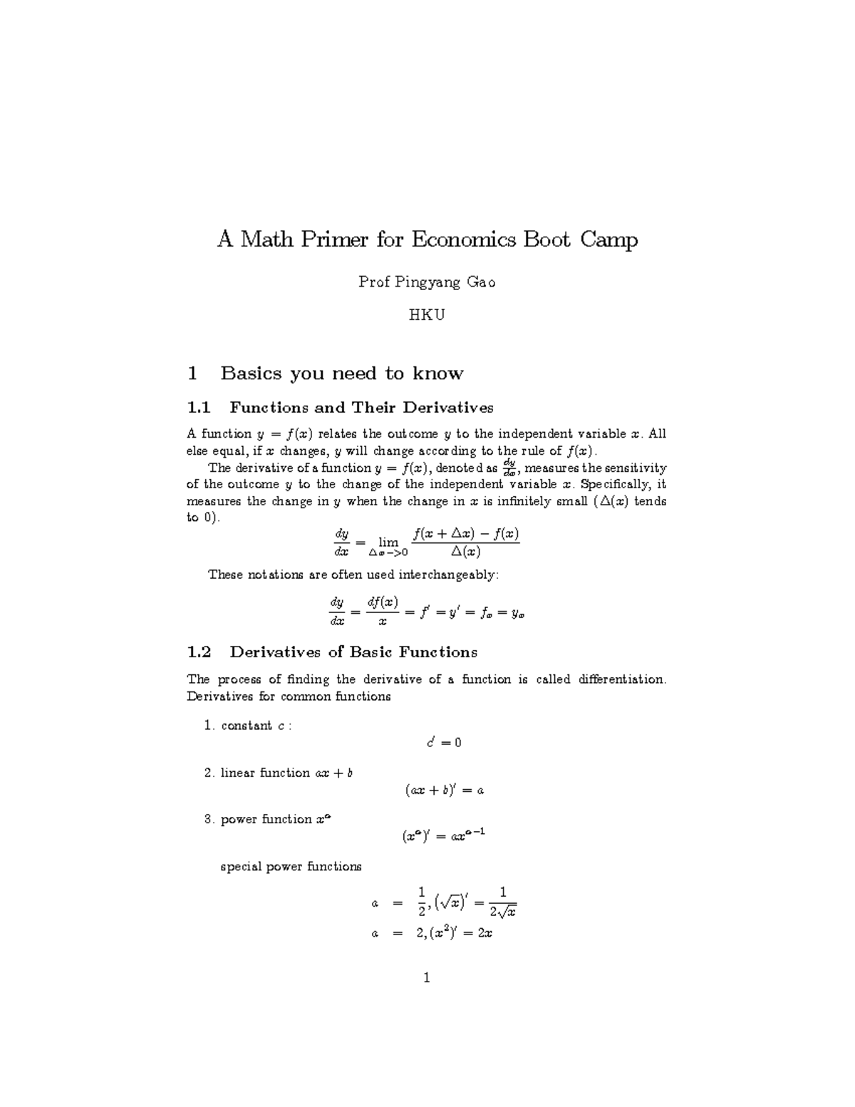 A Math Primer - Bootcamp - A Math Primer for Economics Boot Camp Prof Pingyang Gao HKU 1 Basics ...