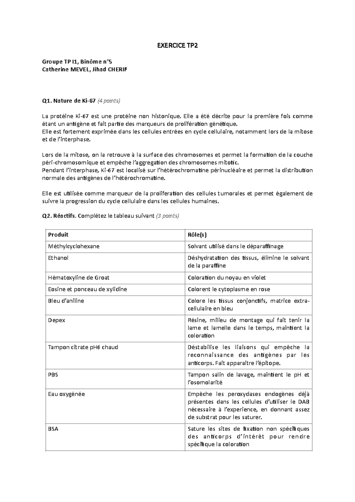 Feuille dexercices TP2 Biocell - EXERCICE TP Groupe TP I1, Binôme n° Catherine MEVEL, Jihad ...
