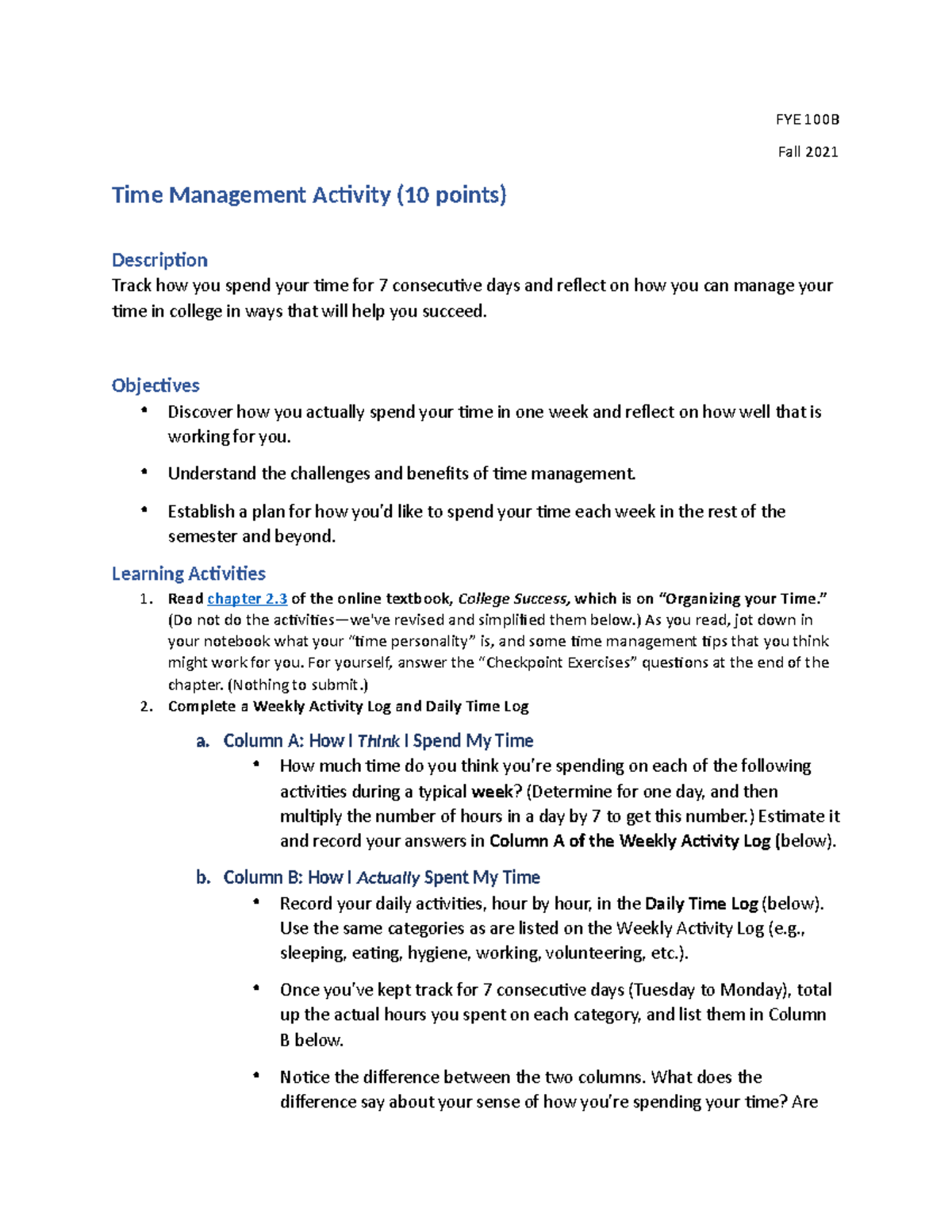 's Time Management Activity - FYE 100B Fall 2021 Time Management Ac ...