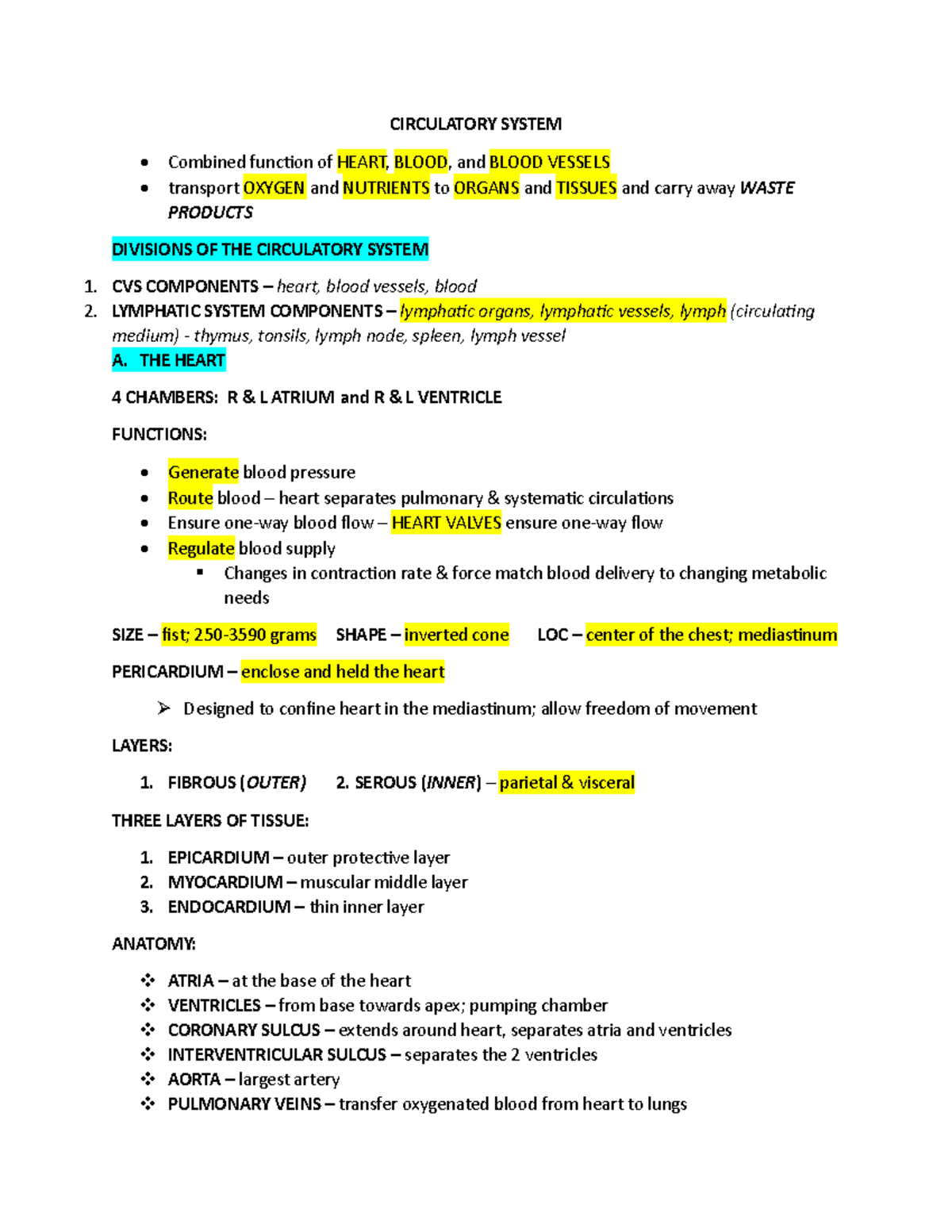 Circulatory- System- Reviewer - CIRCULATORY SYSTEM Combined function of ...
