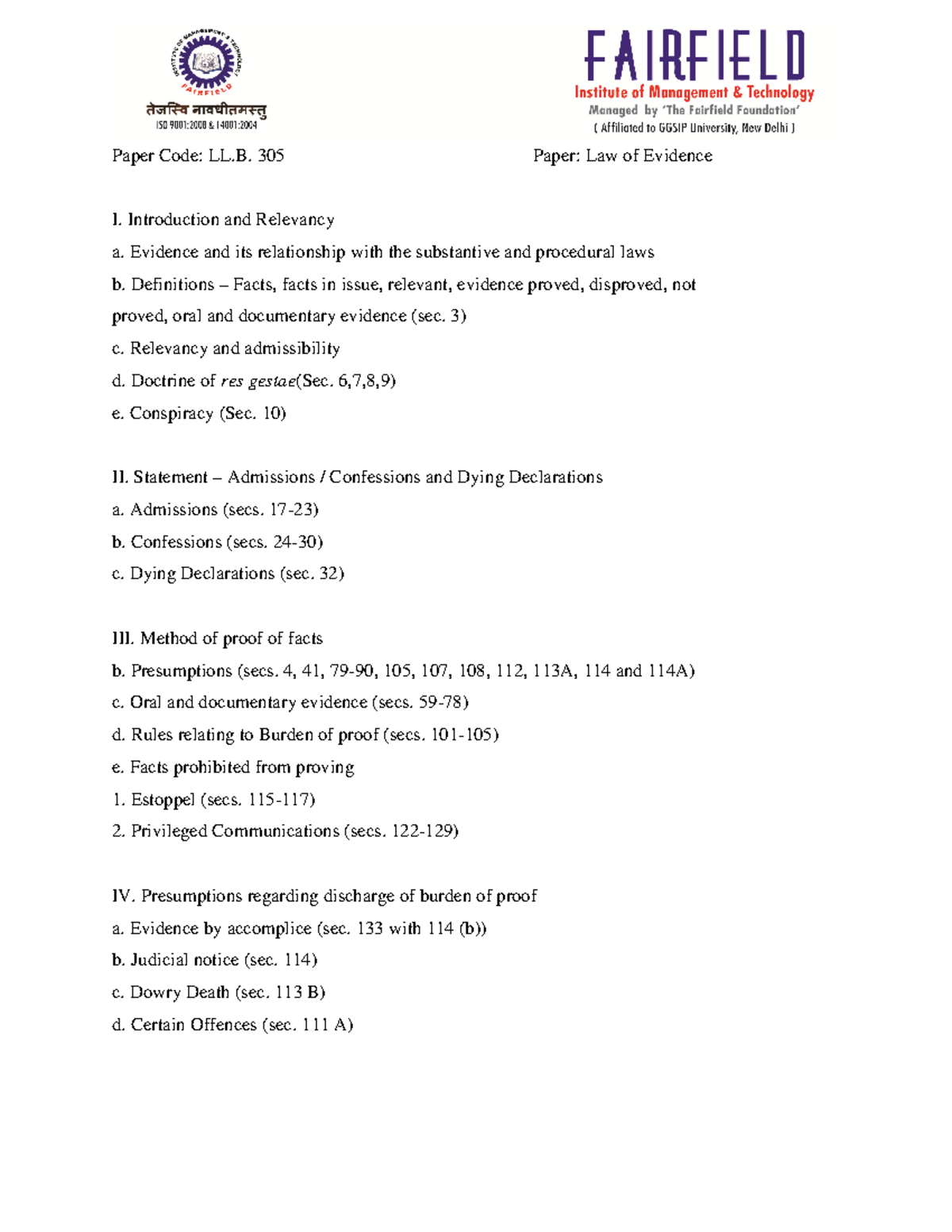 Fairfield Law of Evidence - Paper Code: LL. 305 Paper: Law of Evidence ...