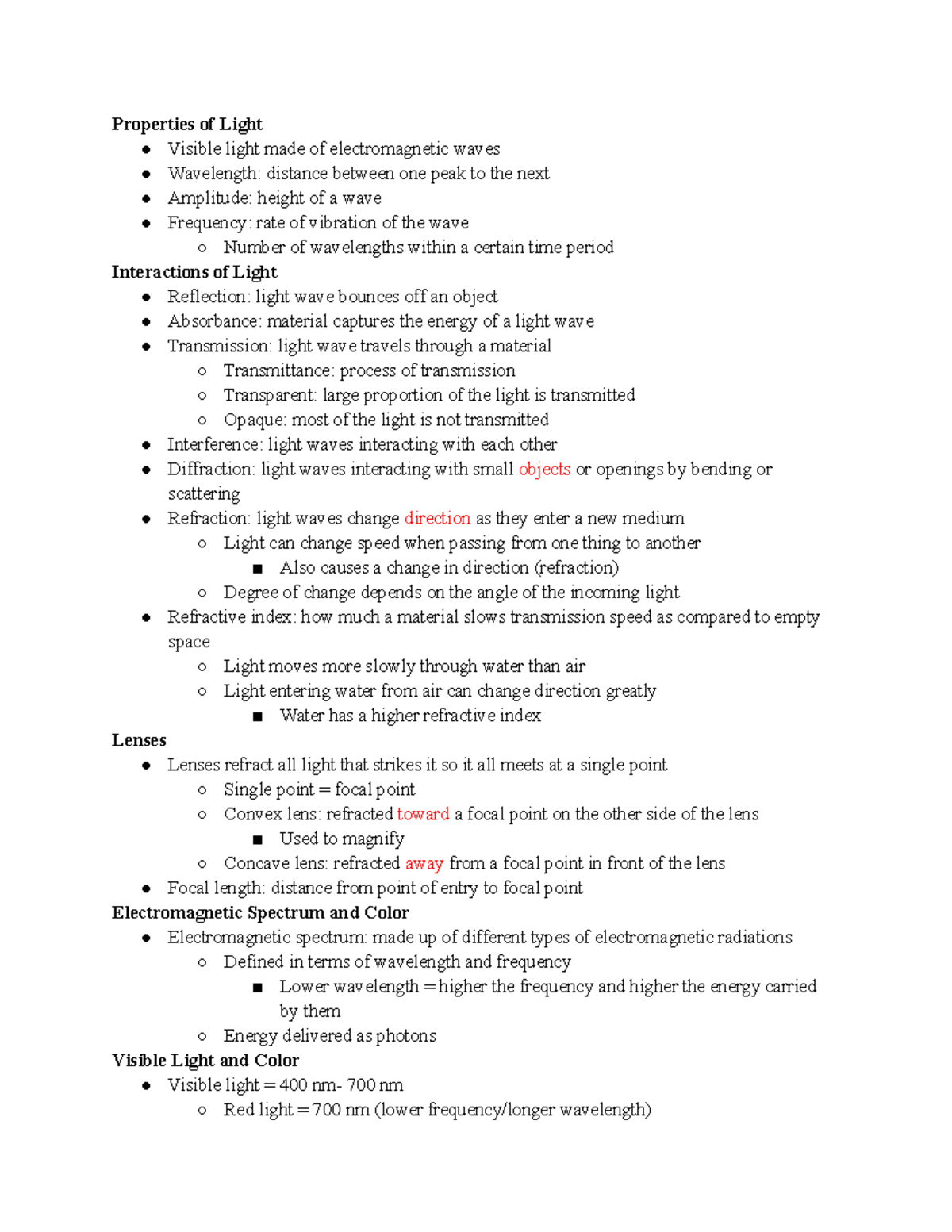 Chapter 2 - Test One - Properties of Light Visible light made of ...