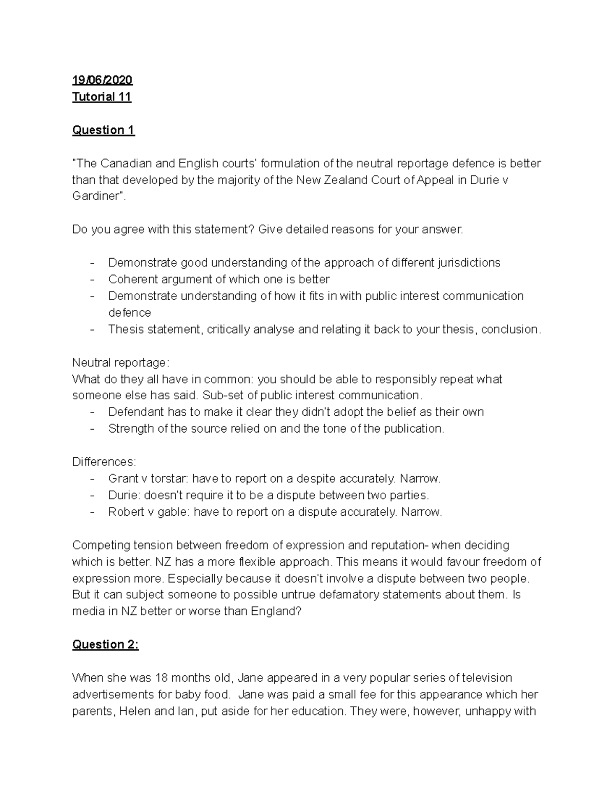 LAWS212-Tutorial 11 - defence - 19/06/ Tutorial 11 Question 1