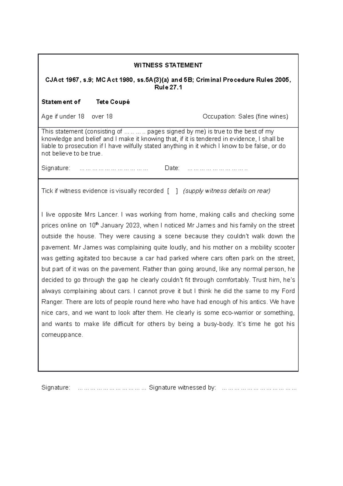 Witness Statement of Mr Tete Coupe - WITNESS STATEMENT CJAct 1967, s ...