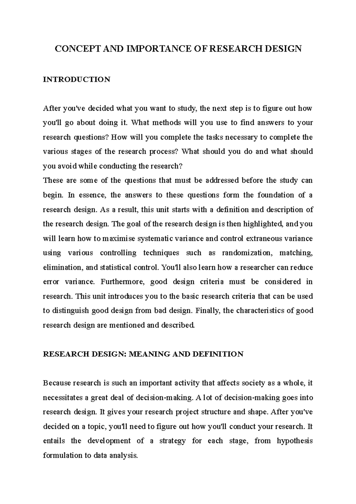 Concept AND Importance OF Research Design - CONCEPT AND IMPORTANCE OF ...