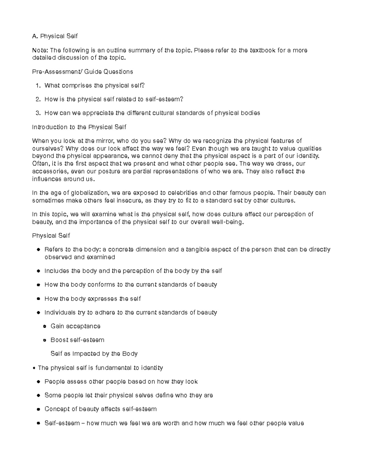 Physical Self - A. Physical Self Note: The following is an outline ...