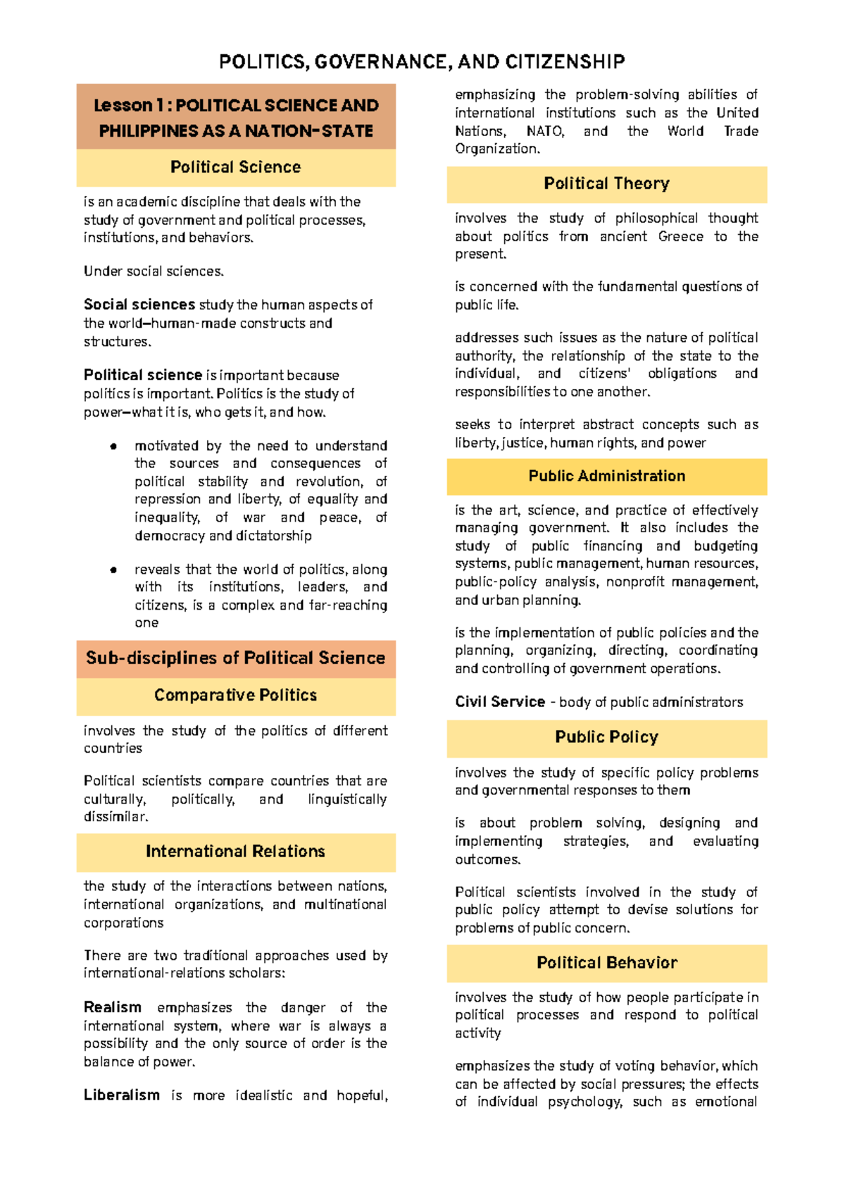 Polgov Notes 1 2 - POLITICS, GOVERNANCE, AND CITIZENSHIP Lesson 1 ...