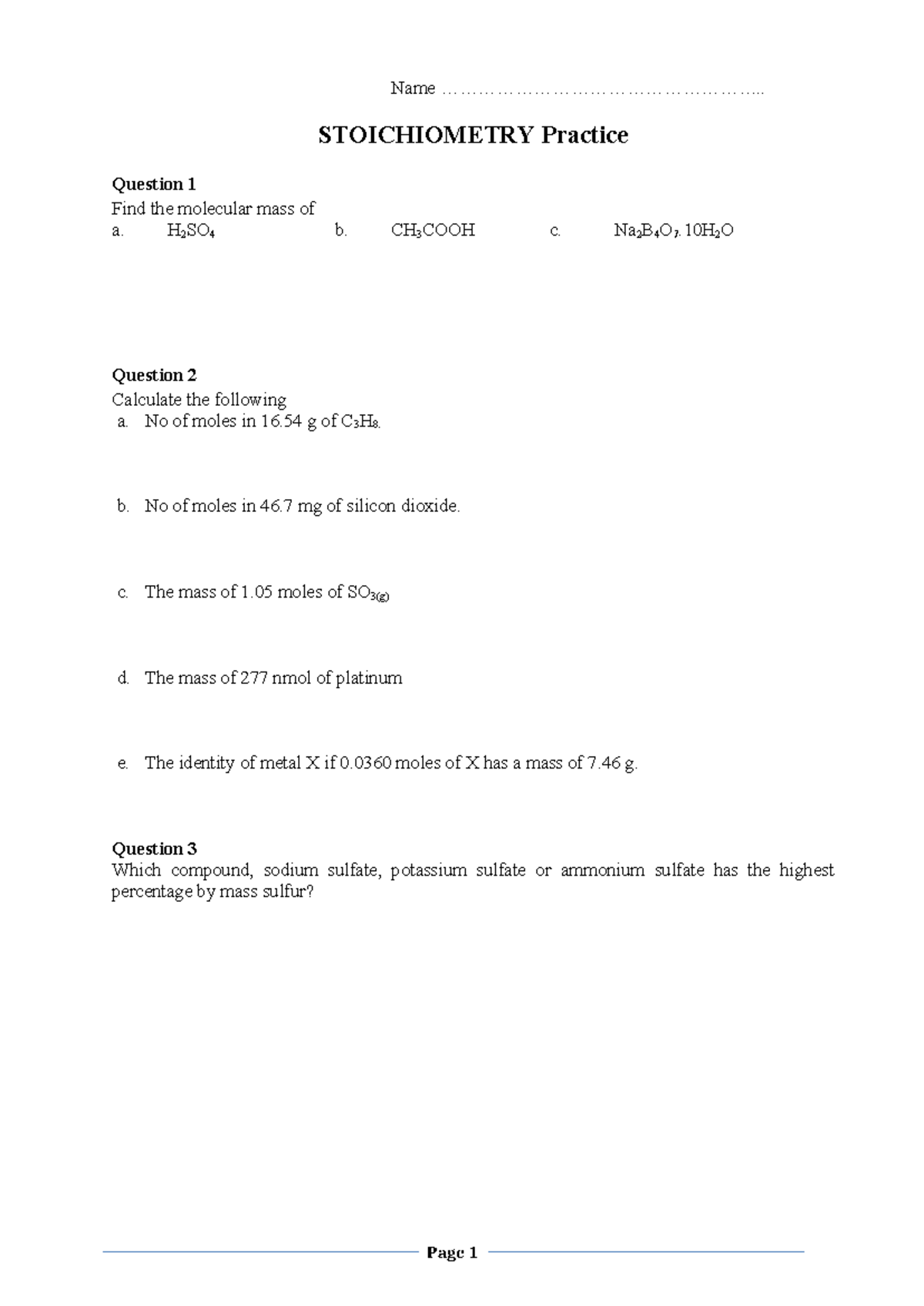 Stoichiometry Practice: Molecular Mass, Moles, and Empirical Formula ...