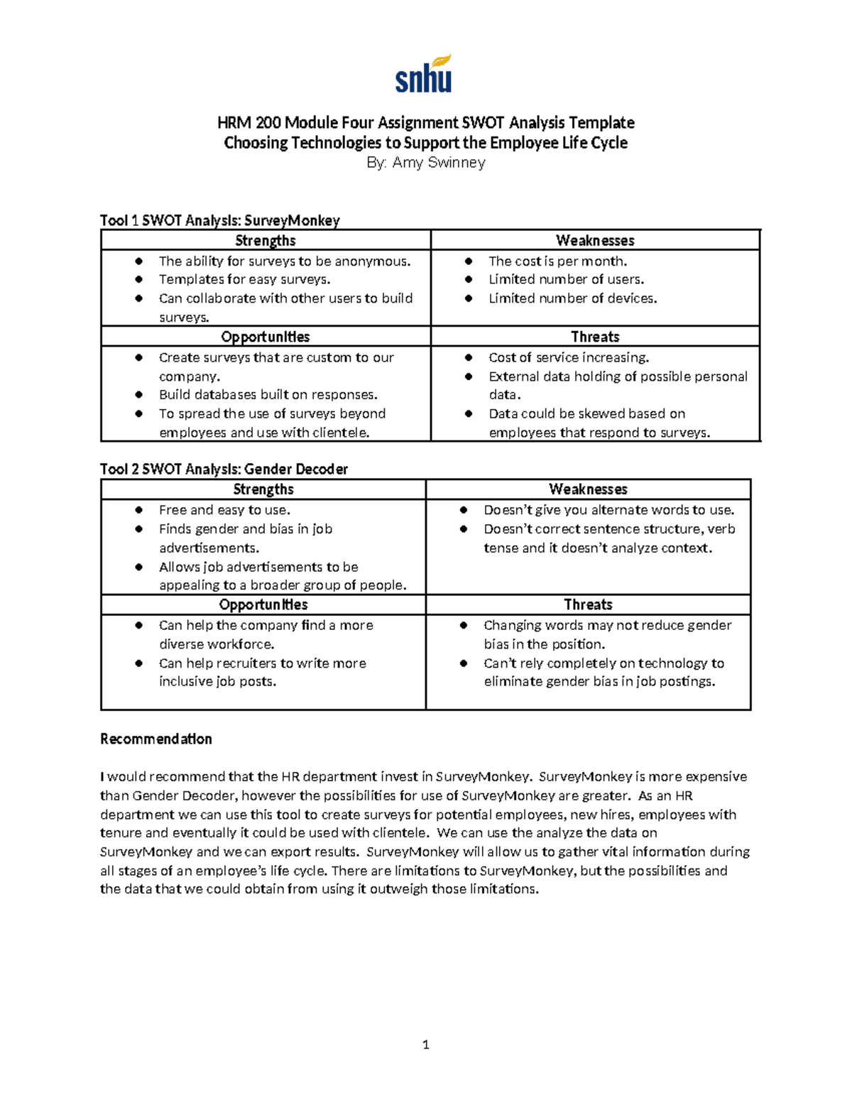 HRM 200 Module Four Assignment SWOT Analysis - Templates for easy ...