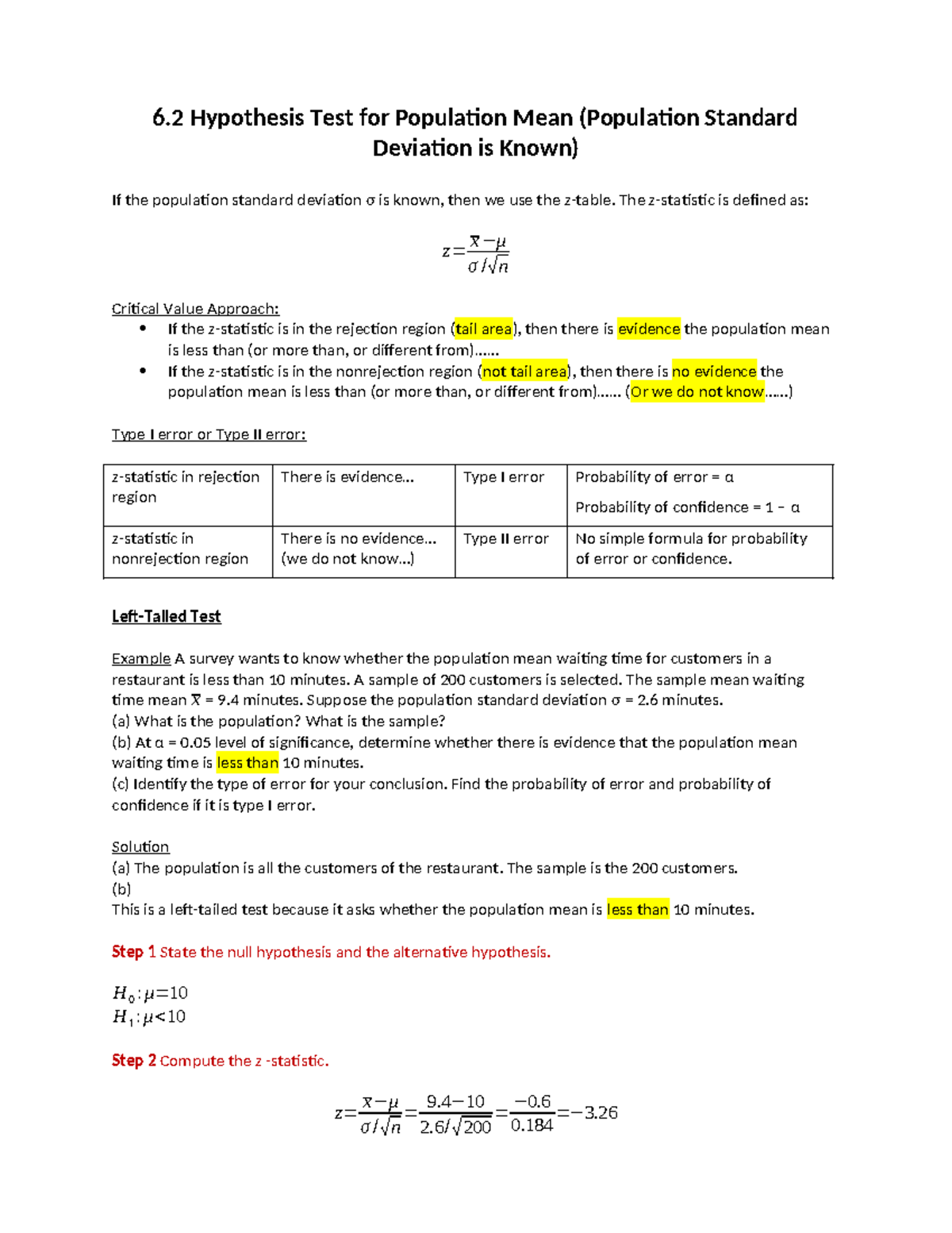 6.2 Hypothesis Test for Population Mean (Population Standard Deviation ...