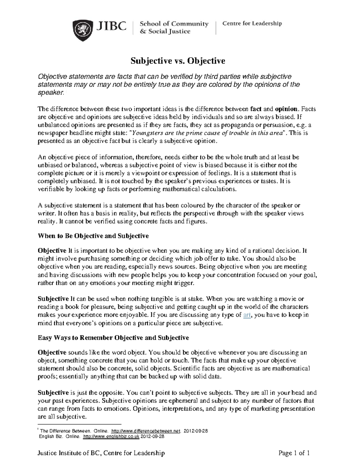 Objective vs Subjective - Justice Institute of BC, Centre for ...