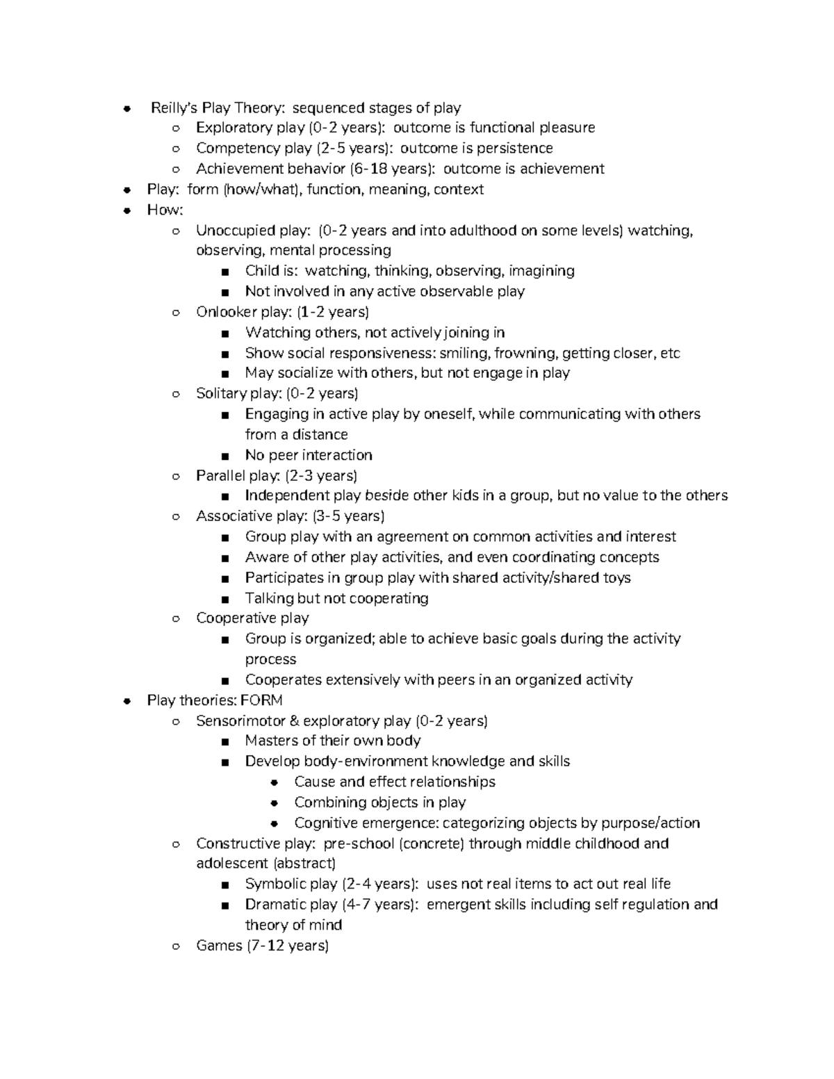 Play & Cognition - Lecture notes 6-8 - Play Theory: sequenced stages of ...