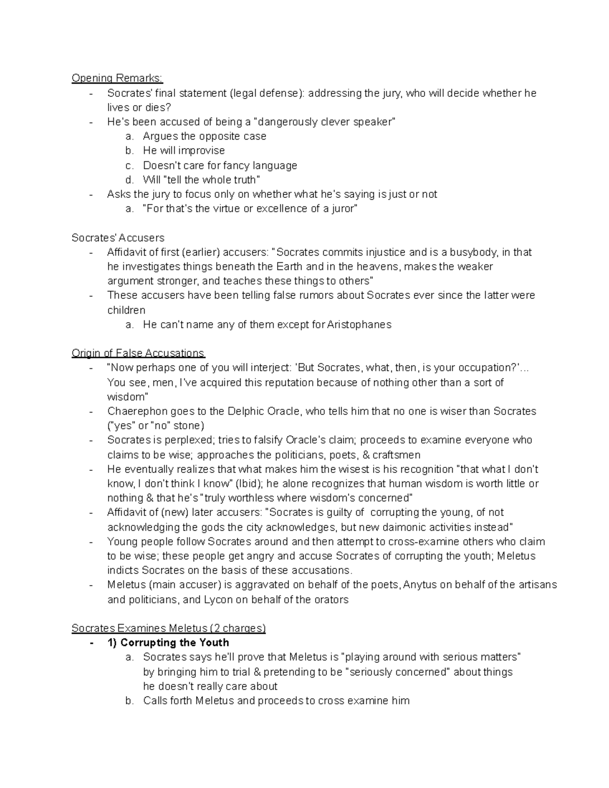 Plato: Apology (lecture notes) - Opening Remarks: - Socrates9 final ...