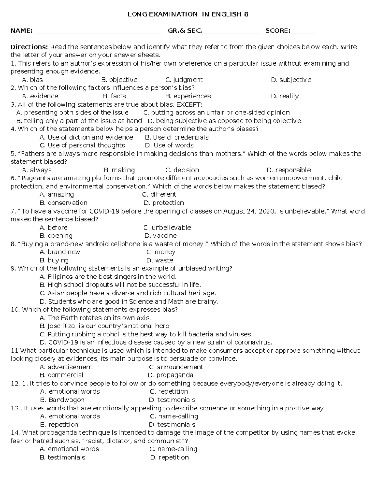 Inbound 5979719661227010808 - LONG EXAMINATION IN ENGLISH 8 NAME: - Studocu