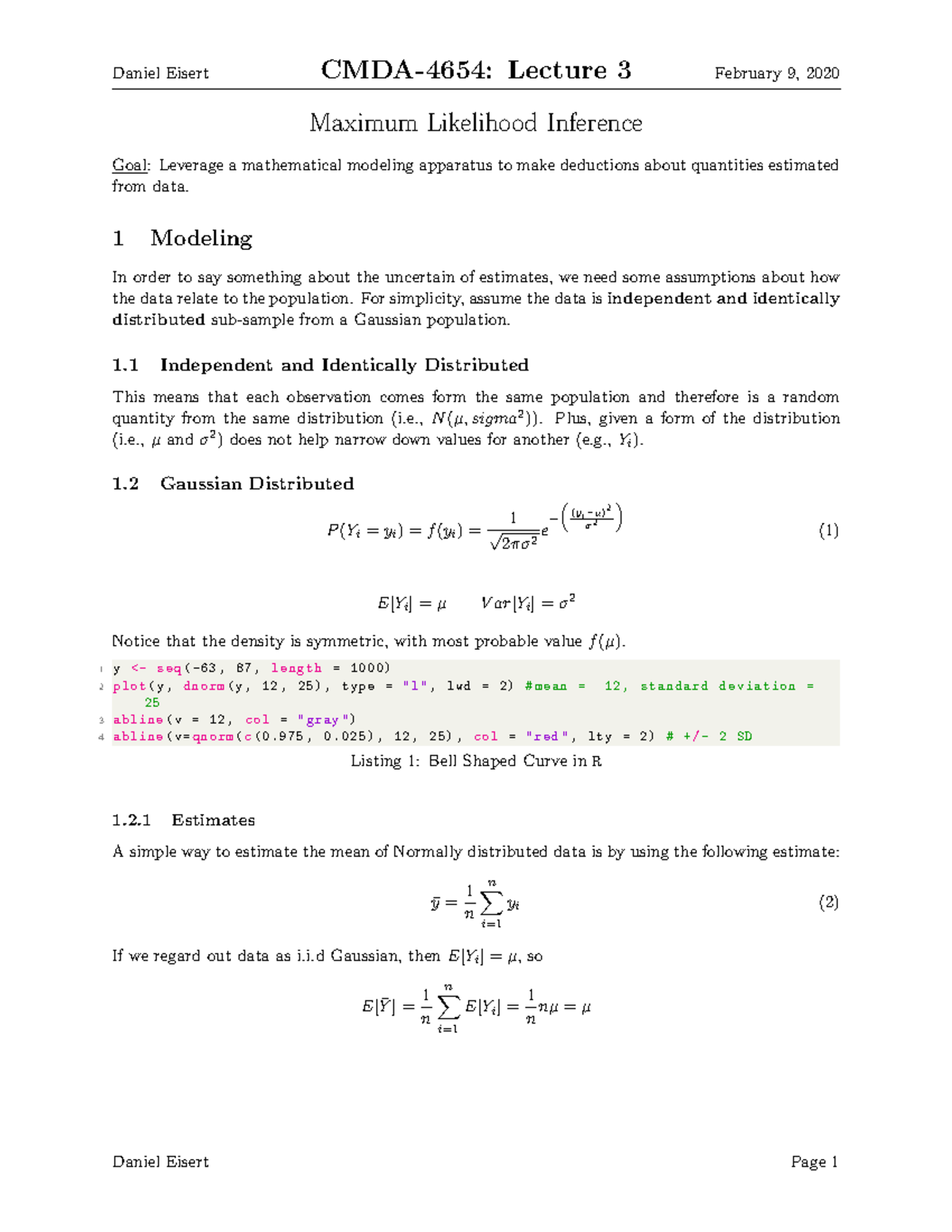 CMDA 4654 Lecture 3 - Module 3 - Maximum Likelihood Inference Goal ...