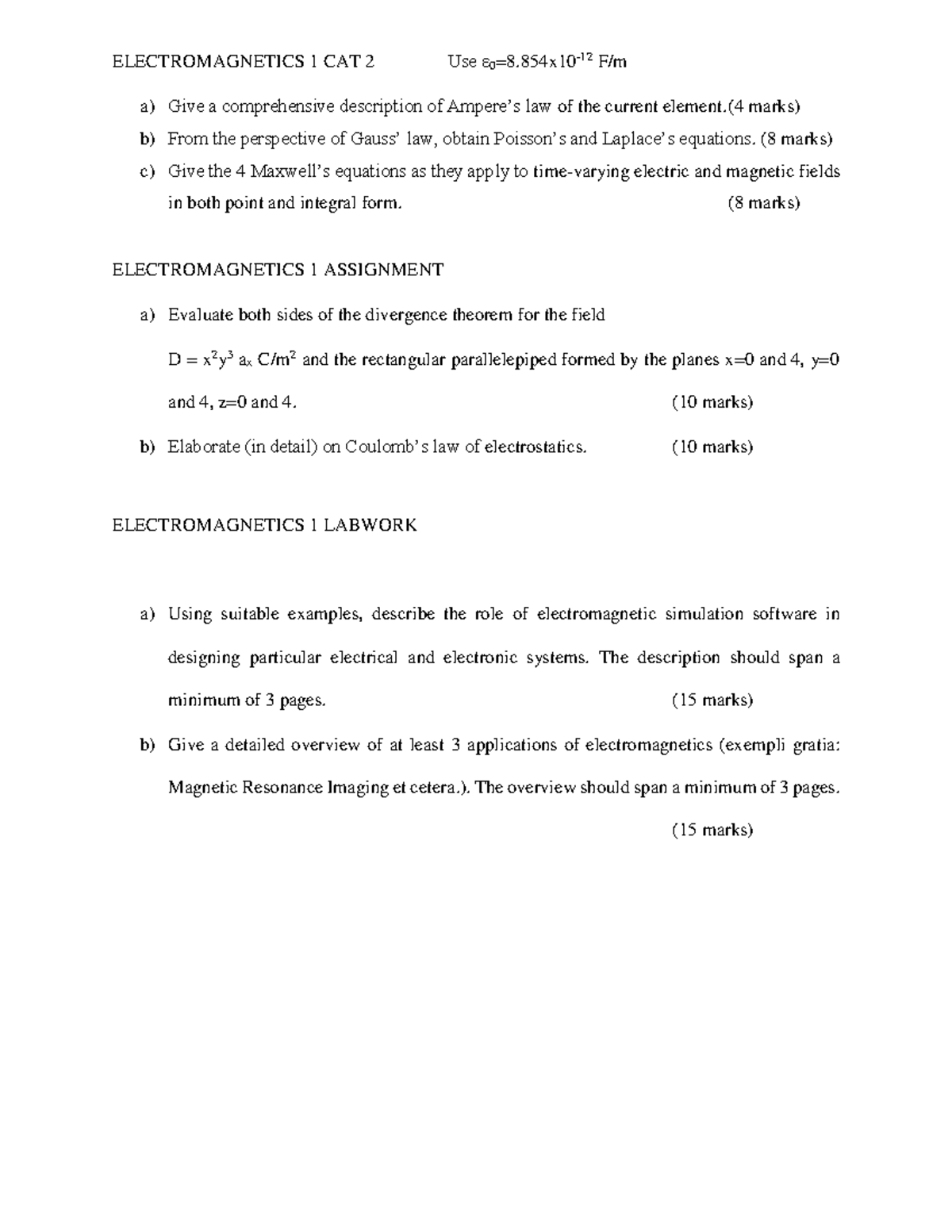 Electromagnetics 1 cat 2 and assignments - ELECTROMAGNETICS 1 CAT 2 Use ...