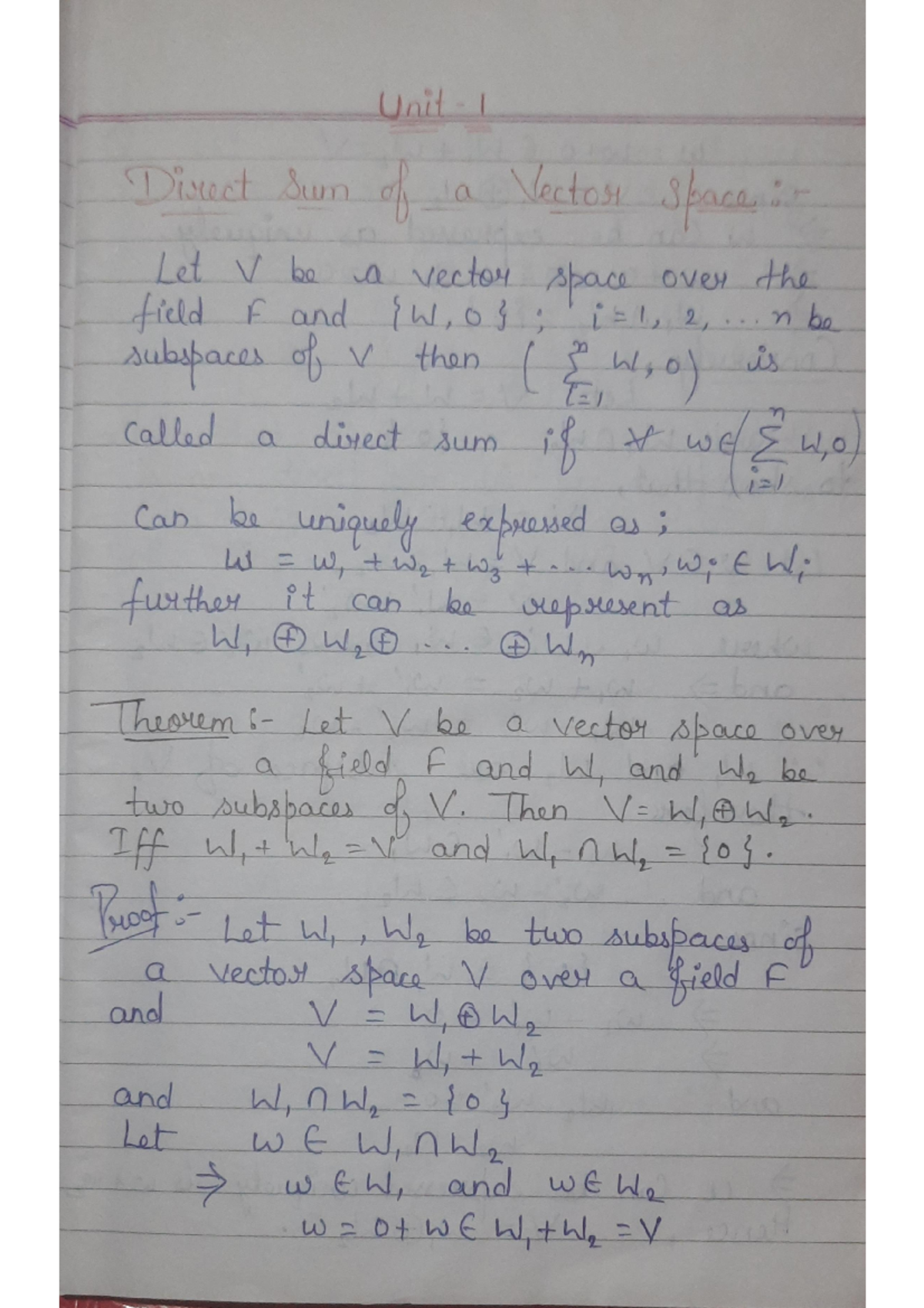 Unit 1 - linear algebra - Unit I Direct sum of a Vector space Let V be ...