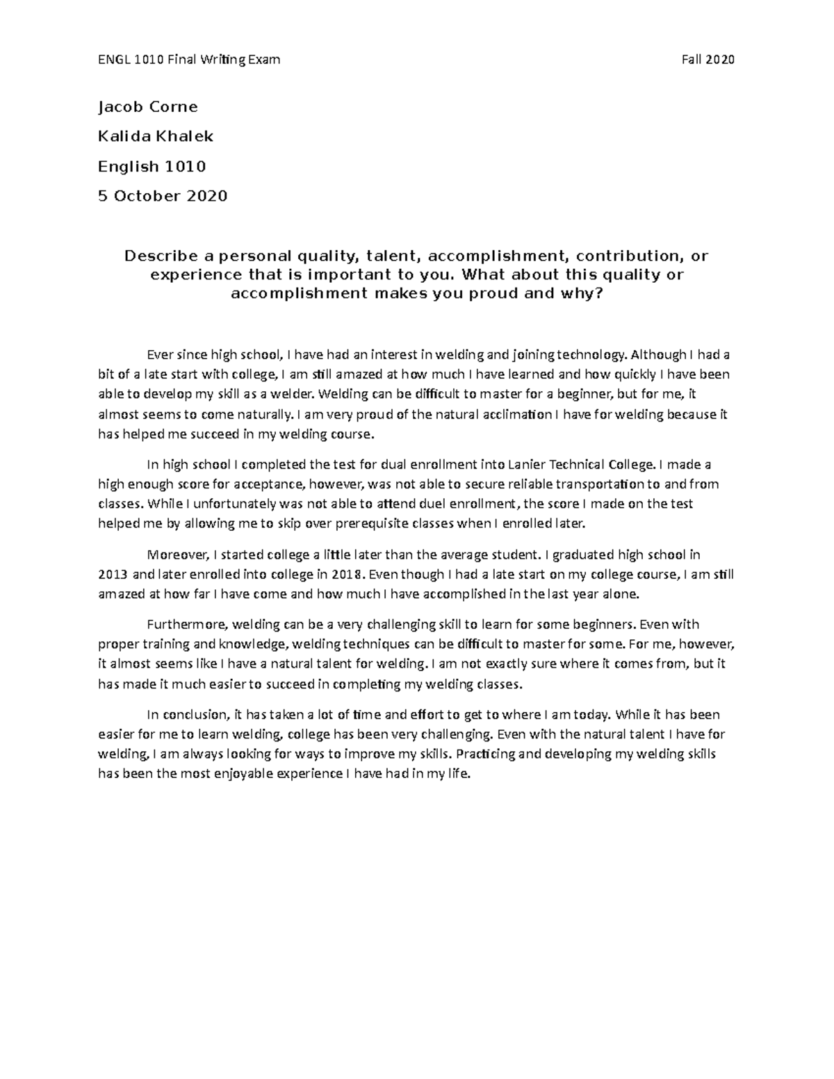 Jacob Corne Final Writing Exam - ENGL 1010 Final Writing Exam Fall 2020 ...