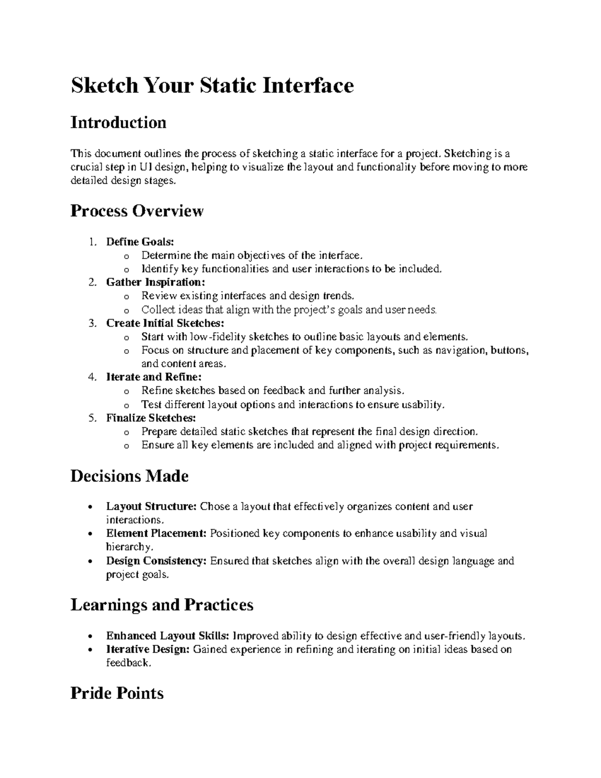 Sketch Your Static Interface Sketch Your Static Interface Introduction This Document Outlines