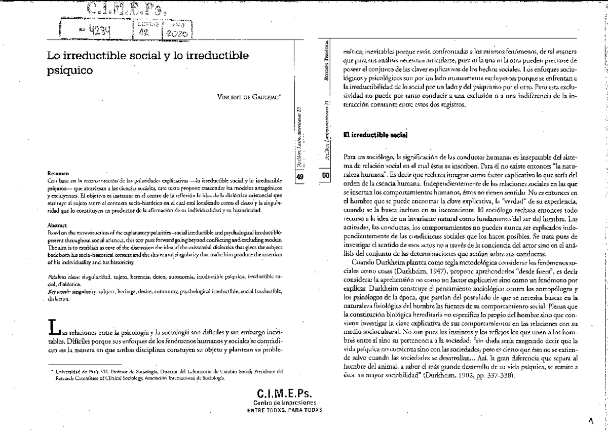 Z S16 U4.2 F4284 DE Gaulejac -T- “Lo irreductible social y lo ...