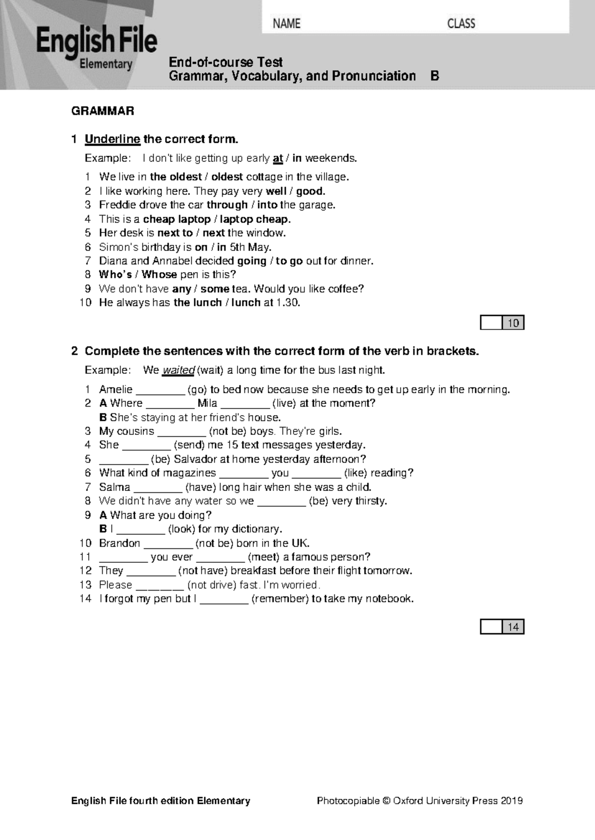 EF4e Elem End of Course Test B - Grammar, Vocabulary, and Pronunciation ...