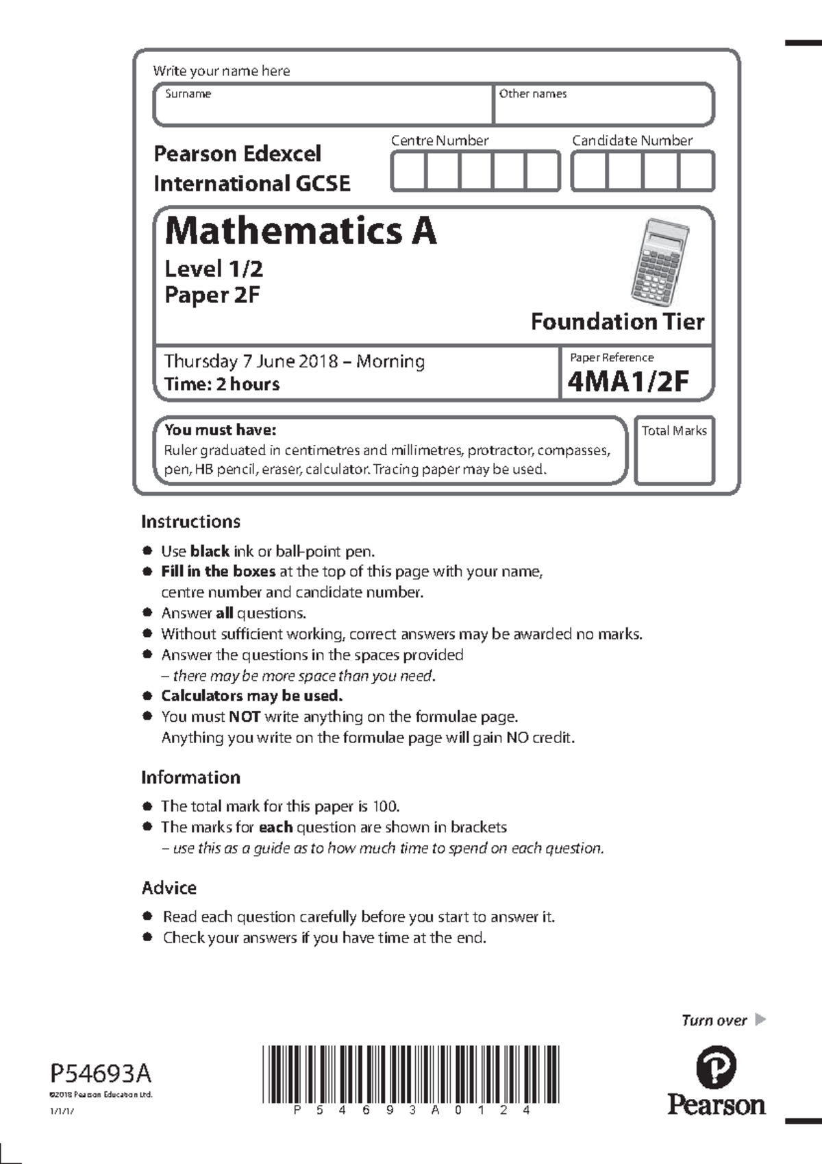 4MA1 2F June18 QP- Igcse-Edexcel-Maths - Centre Number Candidate Number ...