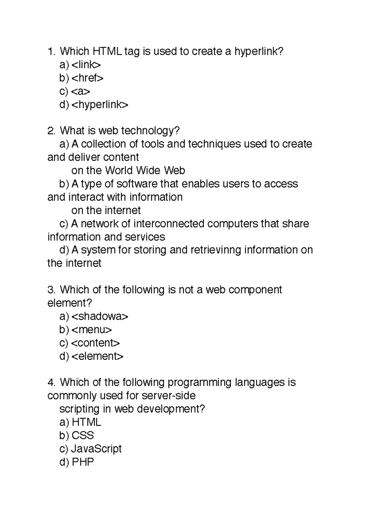 Web development ADP CS 3rd mid pdf - Which HTML tag is used to create a hyperlink? a) - Studocu