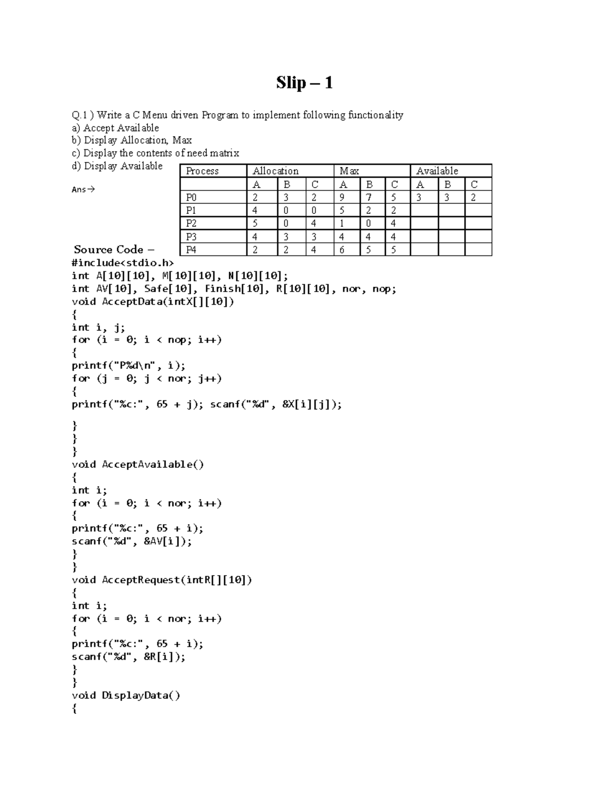 OS slips 1-15 - practical material - Slip – 1 Q ) Write a C Menu driven Program to implement ...