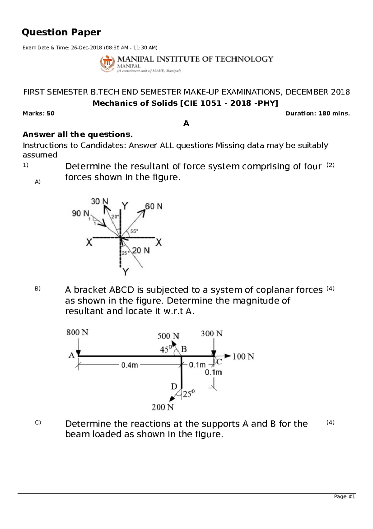 Mechanics of Solids (CIE 1051) (Makeup) - A) B) C) Question Paper Exam ...