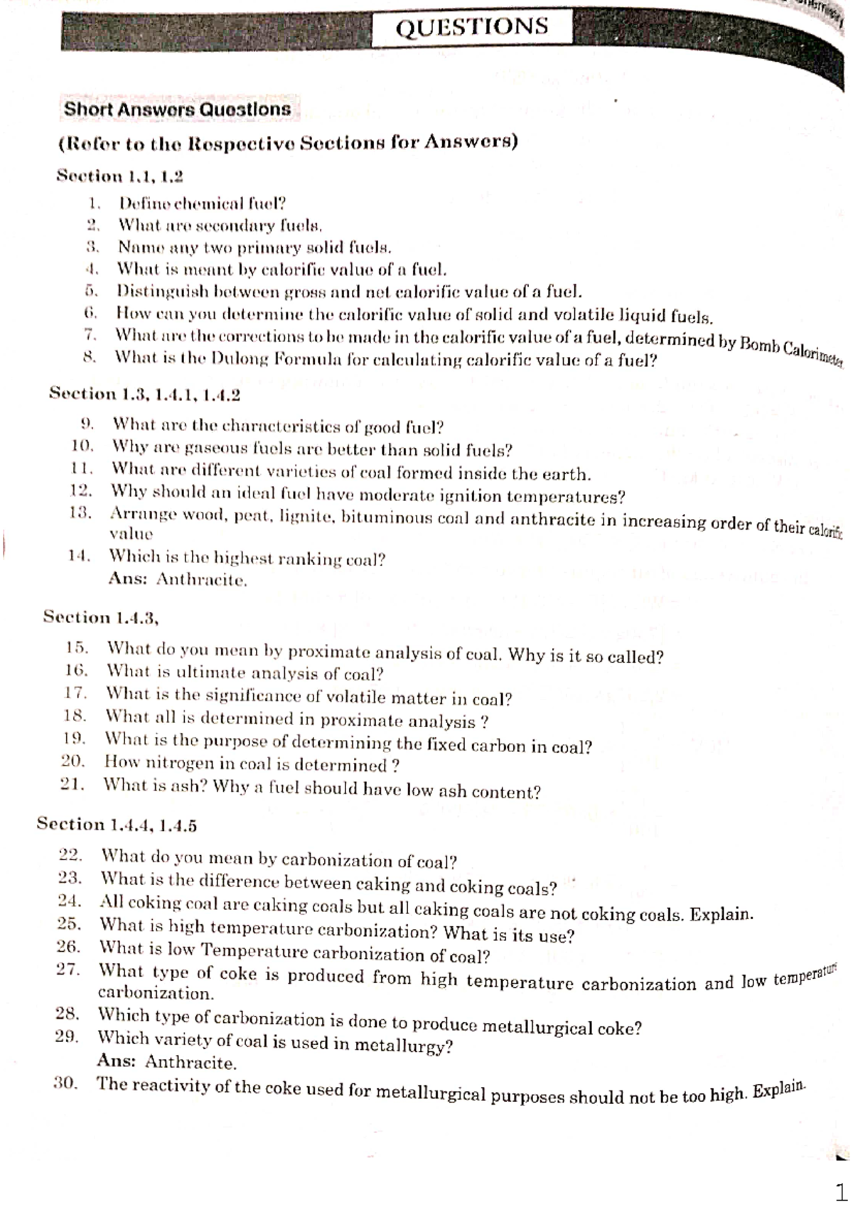 Unit 1 Fuels practice questions AC - QUESTIONS Short Answers Questions (Refer to the Respective ...