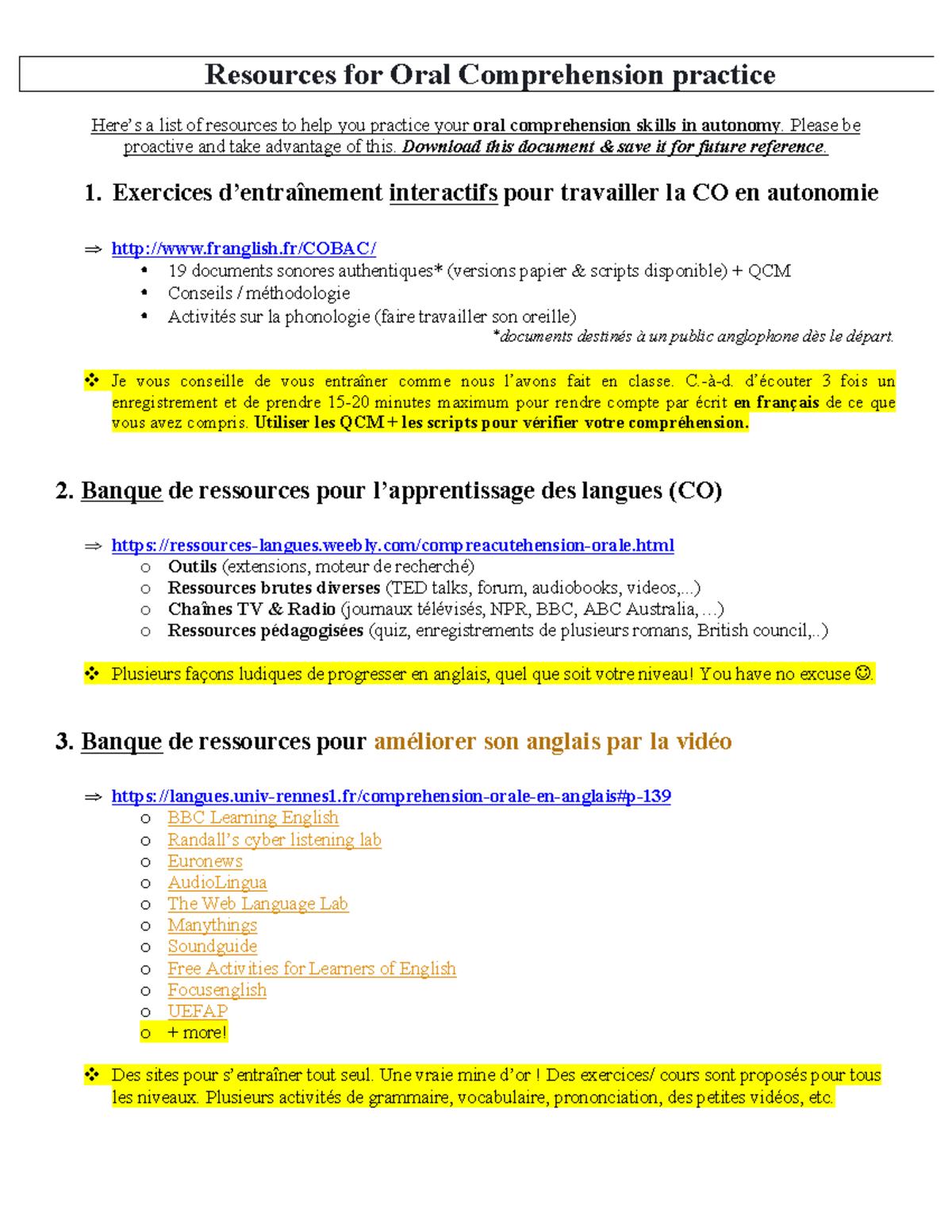 Ressources compre hension orale 2 - Resources for Oral Comprehension ...