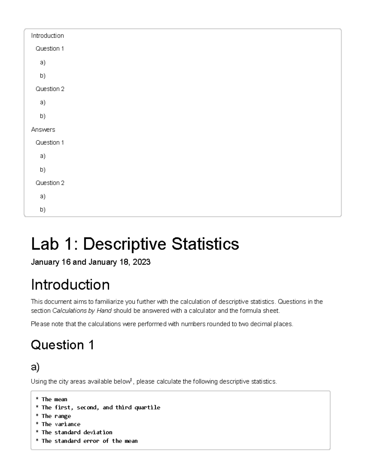 Lab 1 Descriptive Statistics - URBS 362 - Concordia - Studocu