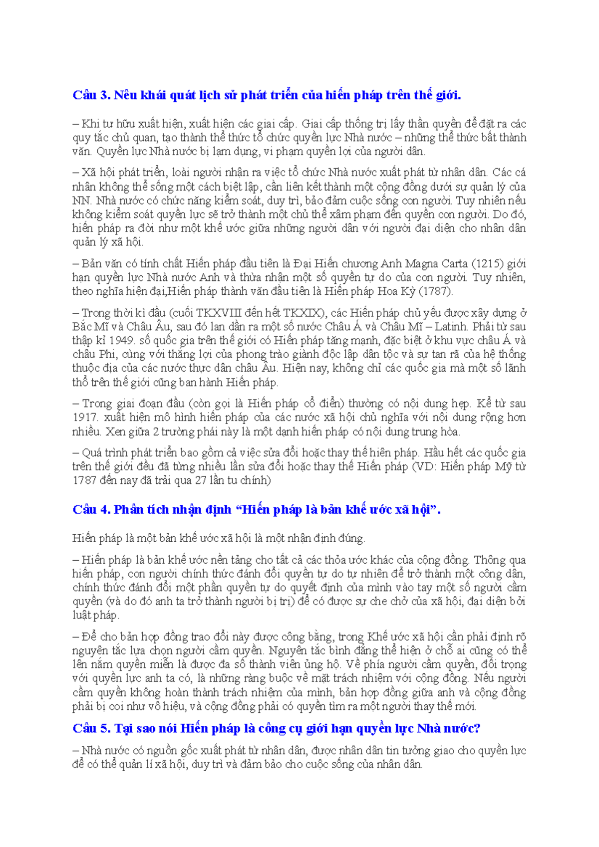 Luật Hiến pháp nước ngoài - Câu 3. Nêu khái quát lịch sử phát triển của ...
