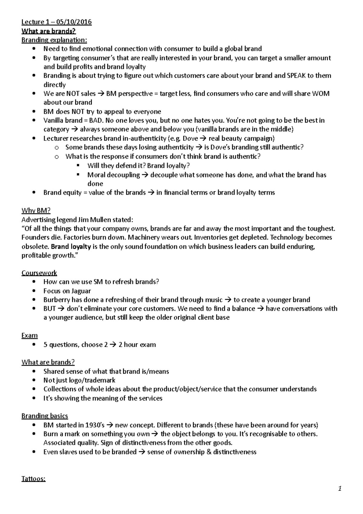 Lec 1 notes - Lec 1 - Lecture 1 – 05/10/2016 What are brands? Branding ...