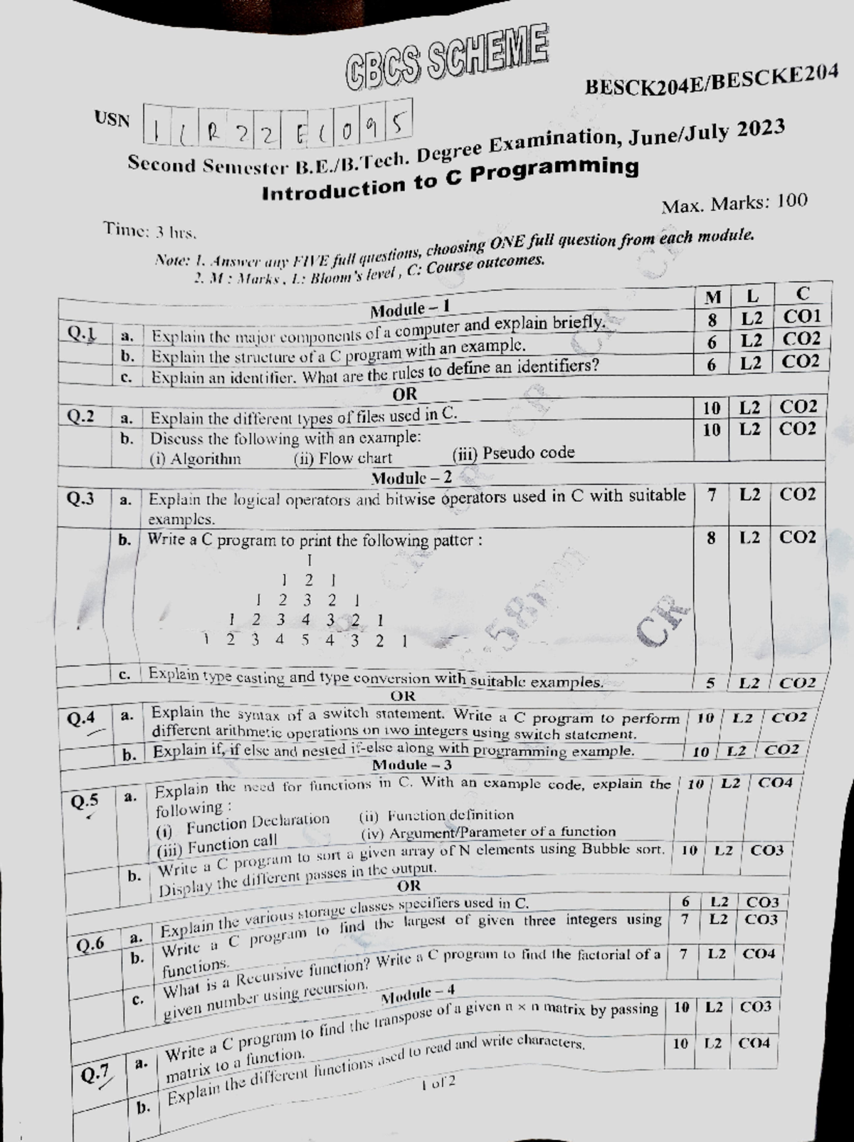 Ccp - Model Question paper for BESCK204E - Q. USN Q. Q. Q a. b. Q. Q. Time: 3 hrs. Q. C. b. C. D ...