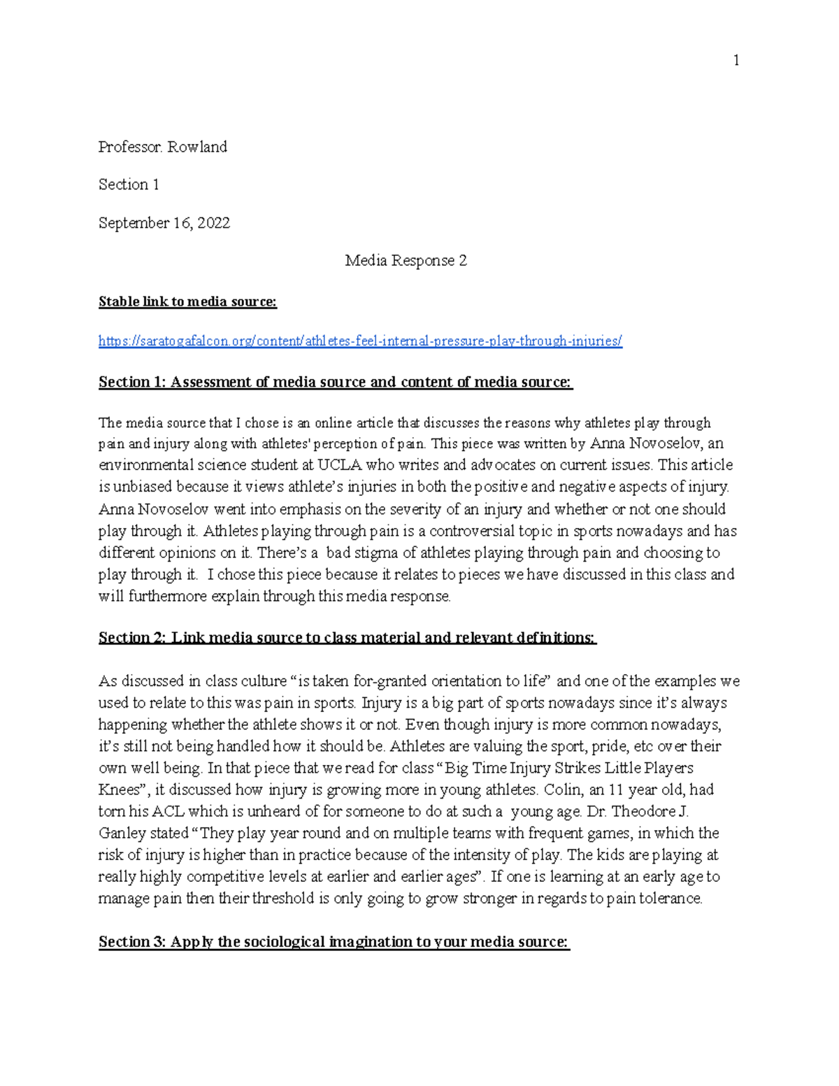 Cas 100A Media Response 2 - 1 Professor. Rowland Section 1 September 16 ...